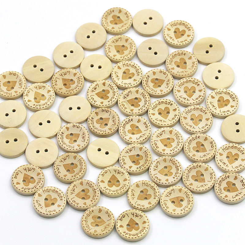 50 Pieces/Pack 20mm 2 Holes Wooden Heart Buttons handmade Round Retro ...