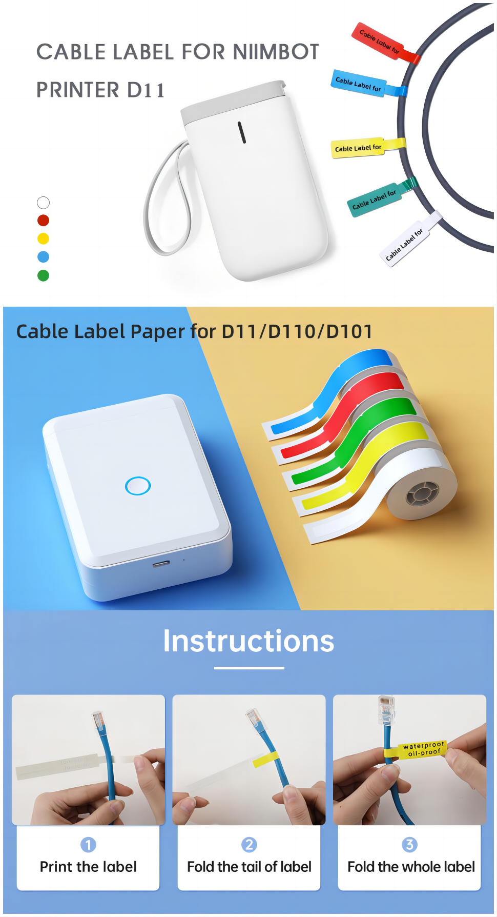 NIIMBOT Cable Label D11/D110/D101 Paper Data Line Identification Fiber ...