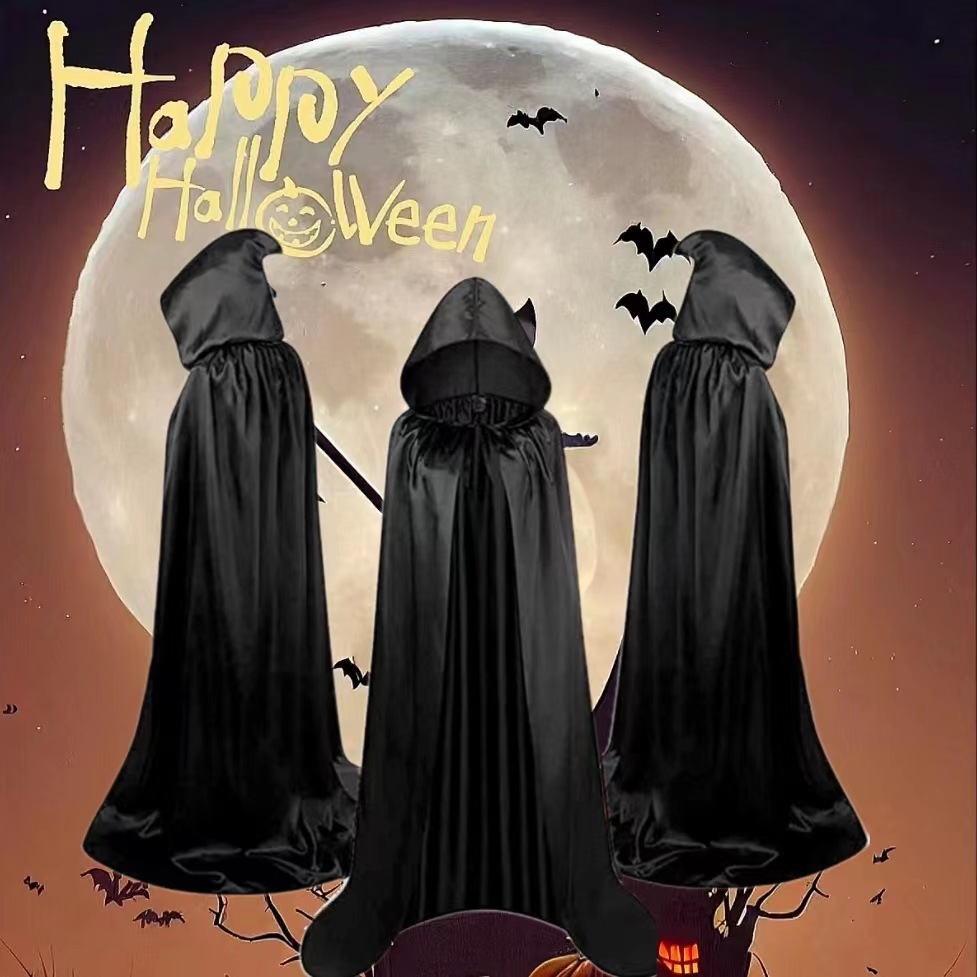 【SY1】 Halloween cape black death cloak with hat Witch demon costume ...