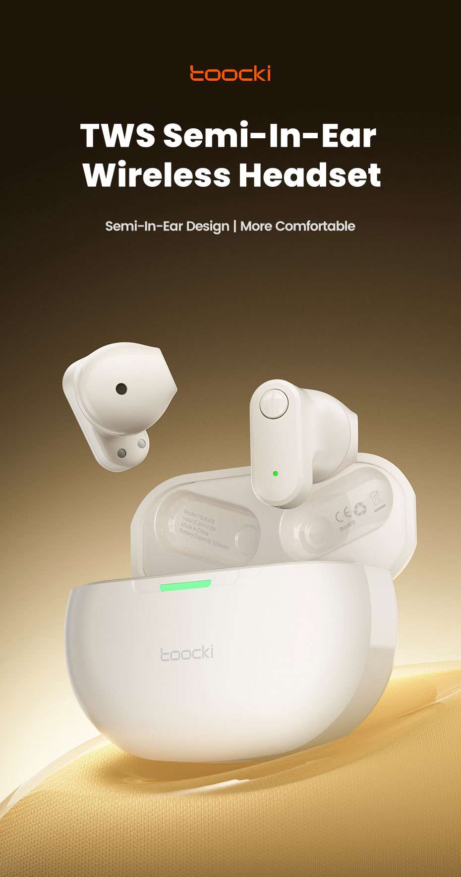 Toocki TWS Semi-In-Ear Wireless Earphones Bluetooth 5.3 3D Sound Hi-Fi ...