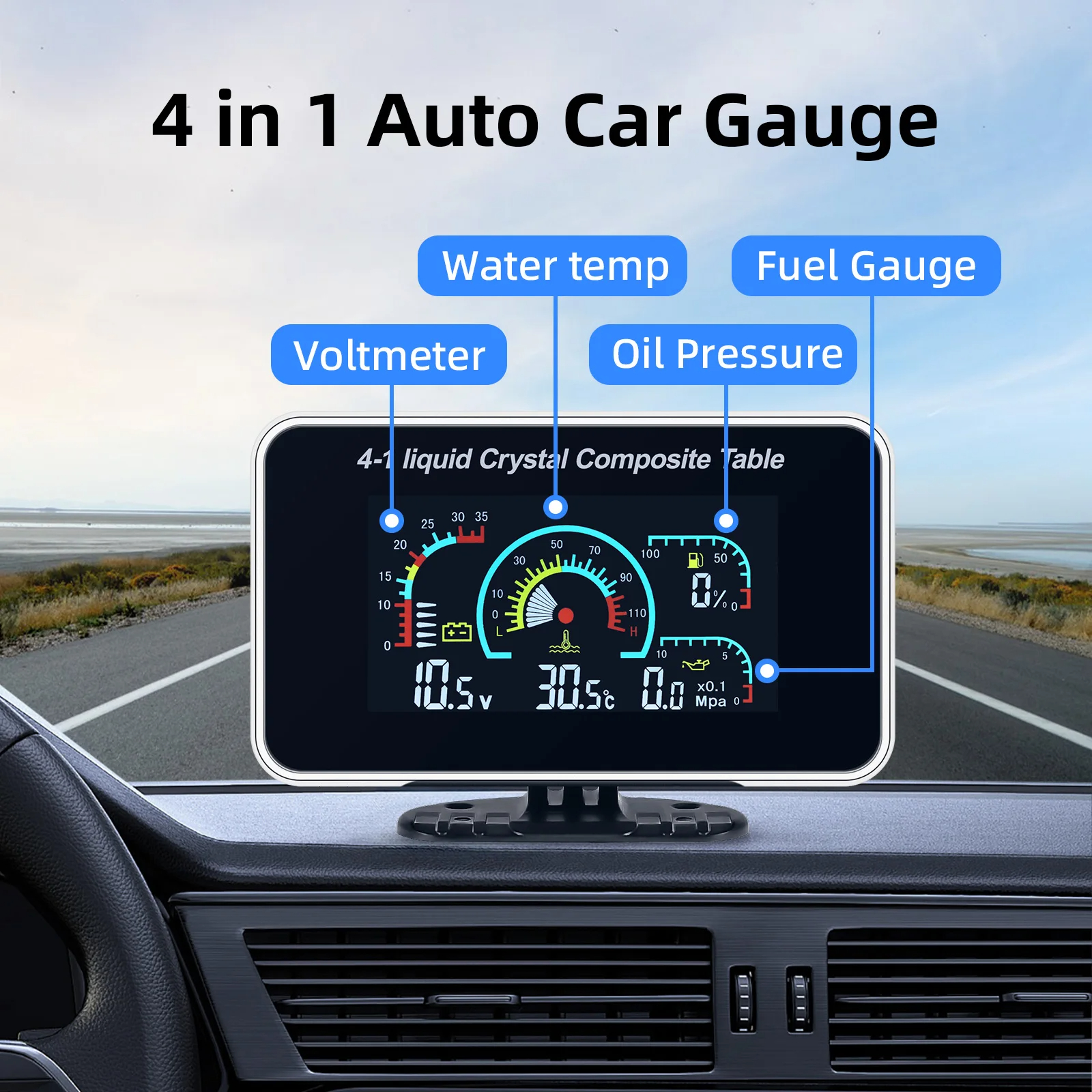 4 in 1 Digital Gauge LCD Car Truck Oil Pressure Gauge Voltmeter Water ...