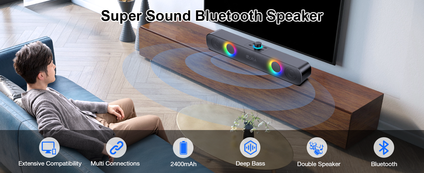 1HORA Multi-Media Wireless Soundbar Bluetooth Speaker for TV Smartphone V5.3 LED RGB loud volume ...