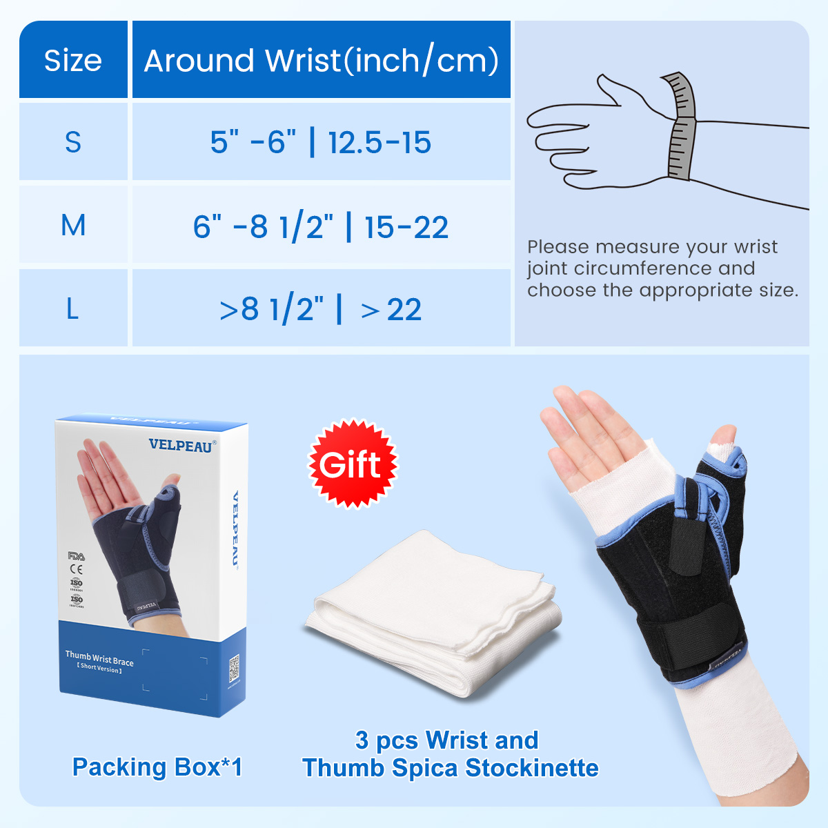 VELPEAU Wrist Brace with Thumb Spica Splint for De Quervain's ...