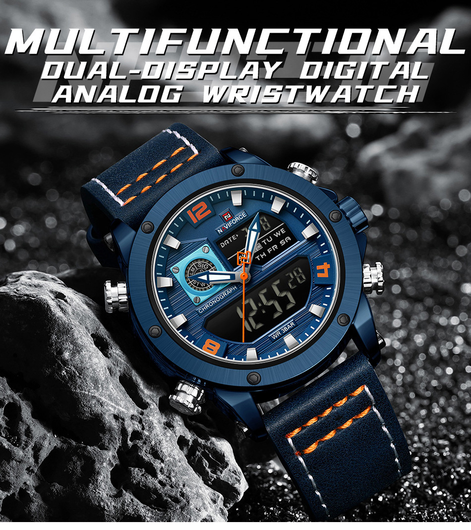 NAVIFORCE 9236 Dual Display Movement Simple Leather Strap Men's Watch ...