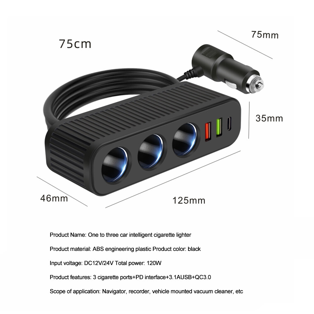 (Local Seller) 12V/24V 120W Car Cigarette Lighter Adapter 4 in1 Socket USB QC3.0 PD3.1A Car Fast ...
