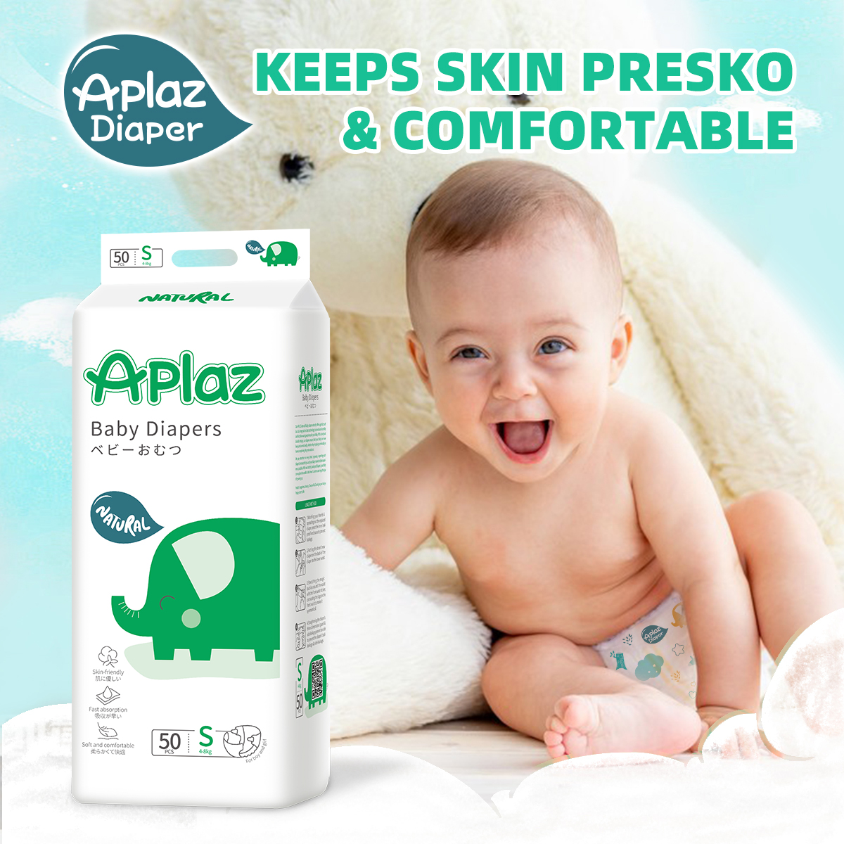 Aplaz Natural Diaper for Baby Taped Newborn -XXL Pack of 1 50 pad Baby ...