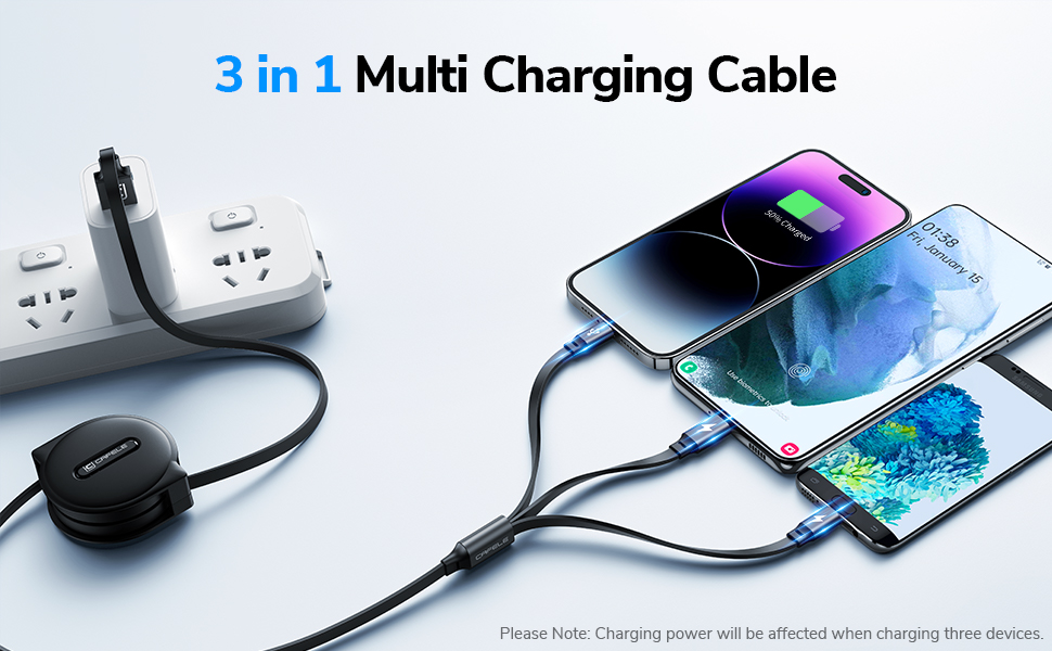 3 in 1 Multi Charging Cable 3A Retractable Charger Cord Micro USB Port ...