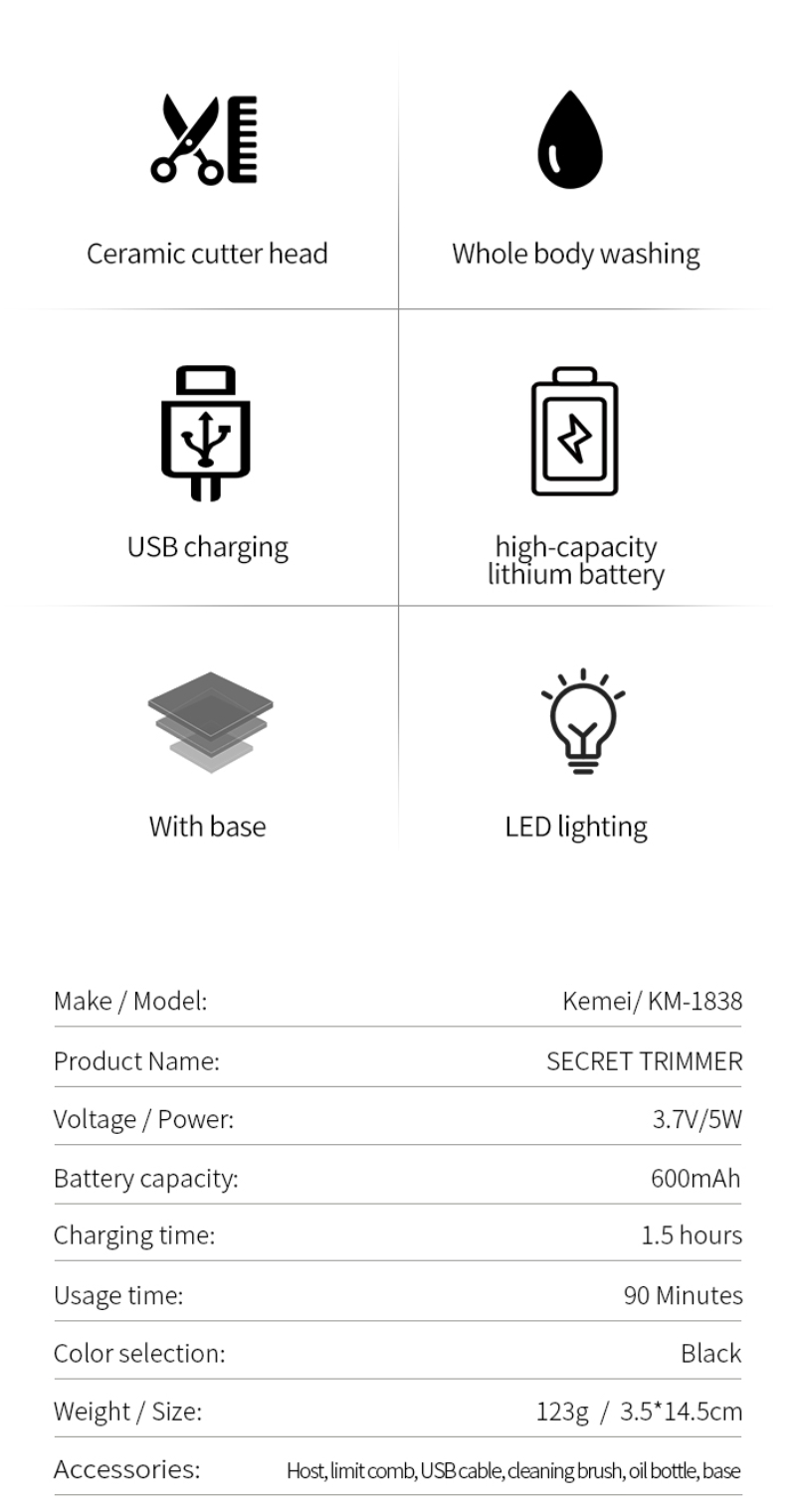 Kemei KM-1838 Multi-functional Full Body Washable Hair Removal Machine Rechargeable Electric ...