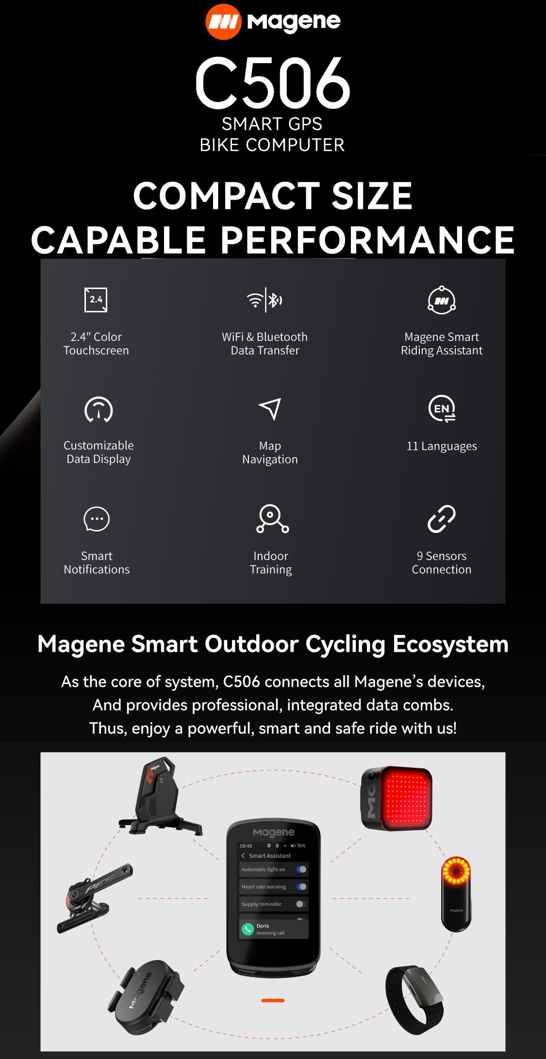 Magene C506 Smart GPS Bike Computer Touchscreen Speedometer WiFi/Bluetooth Customizable Data ...