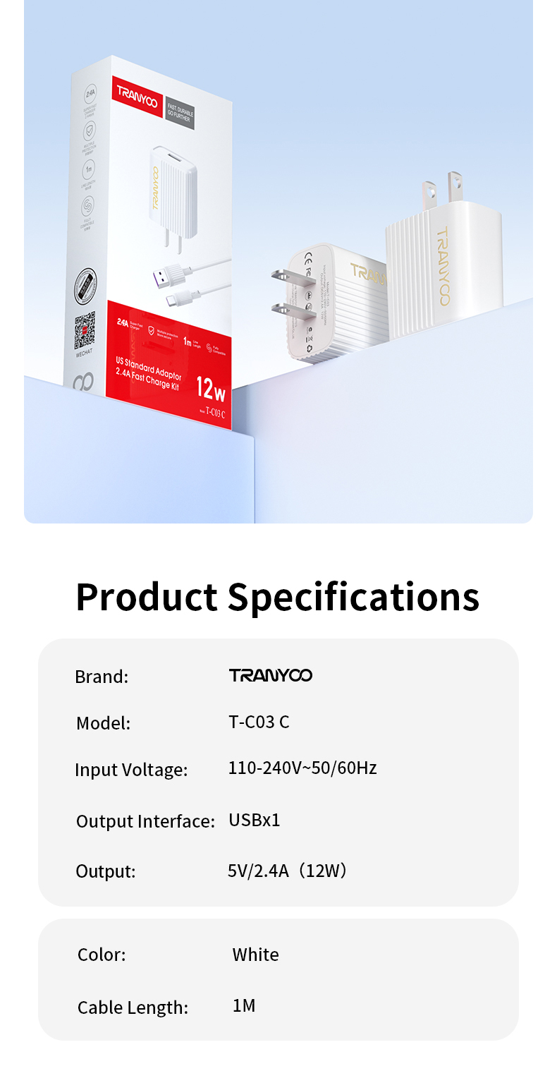 Tranyoo C03 12W Fast Charge set Power Adapter Quick Charge USB Original Type-C Iph Micro ...
