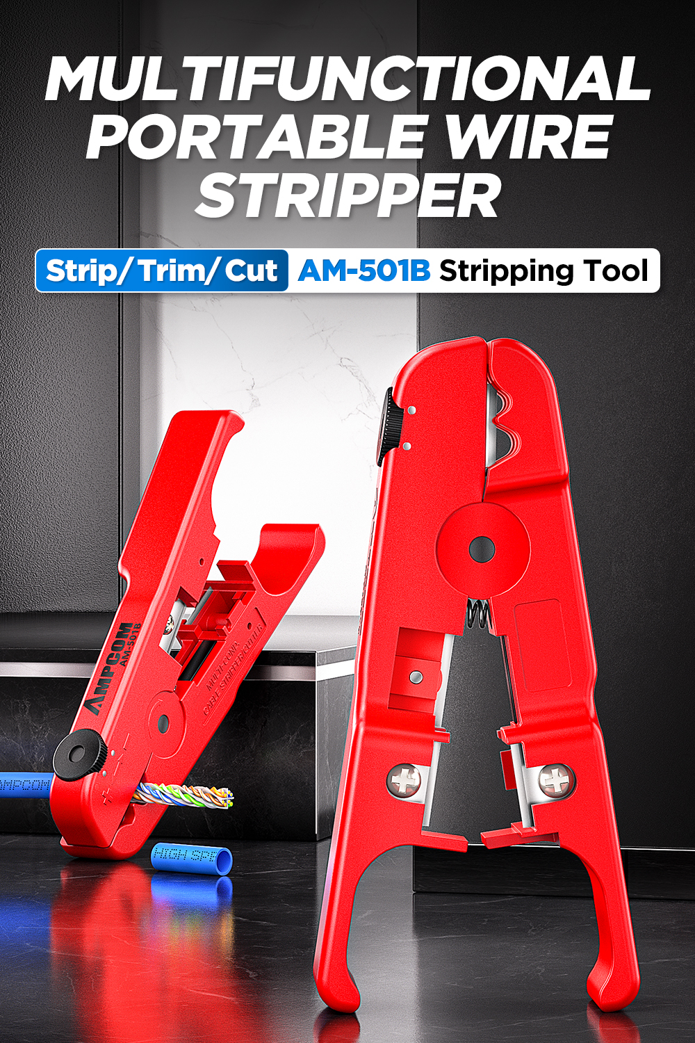 AMPCOM Cable Wire Stripper Compression Tool Coaxial Cable Stripper, Round Cable , Cutter And ...