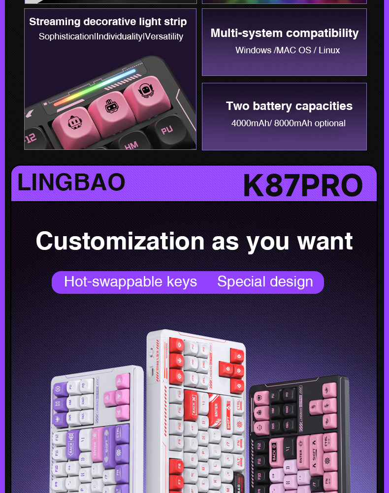 LINGBAO K87PRO Mechanical Keyboard 87 Keys Tri-mode 2.4G/BT/Type-c RGB Hot swappable Customized ...