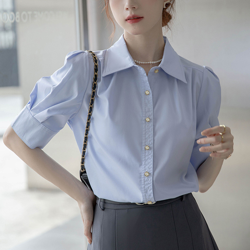 Formal Blouse For Women Soild Color Polo Neck Short Sleeveed Shirt ...