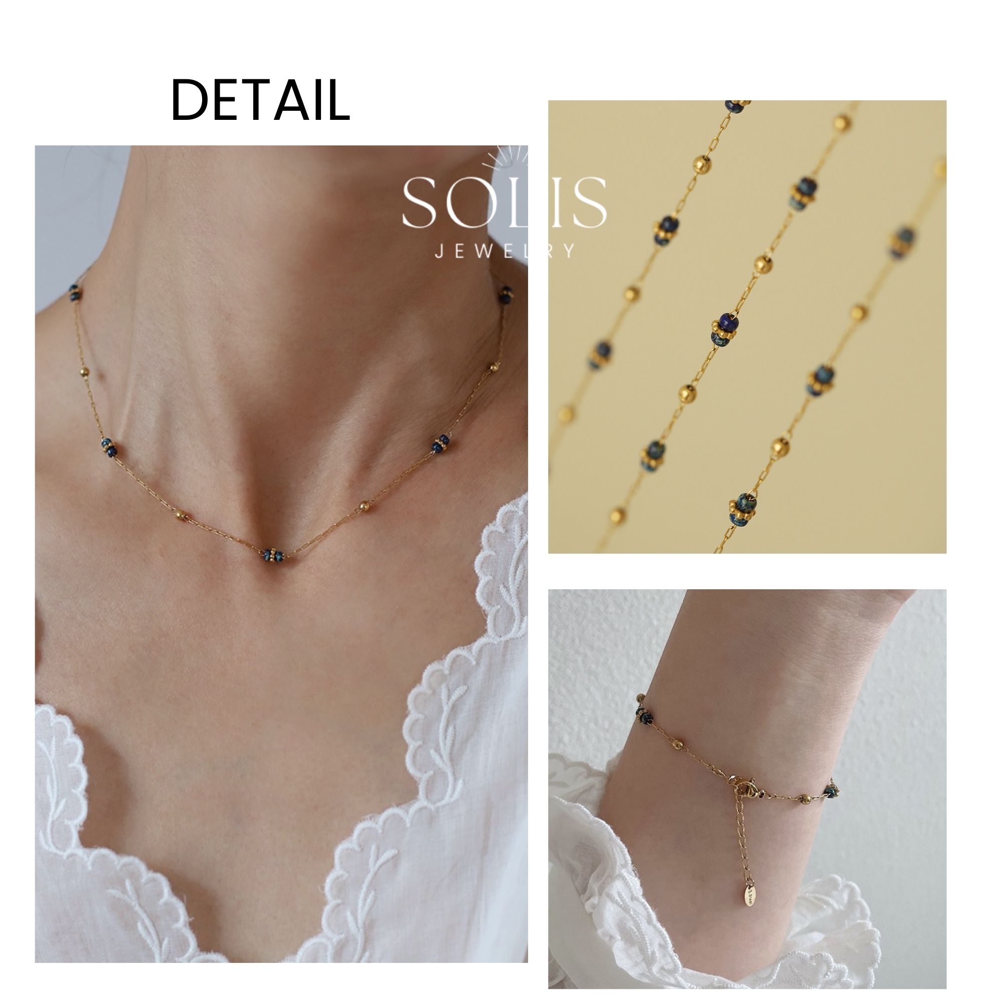 Vintage Blue Glass Beaded Chain Necklace • Waterproof Non Tarnish • 18K ...