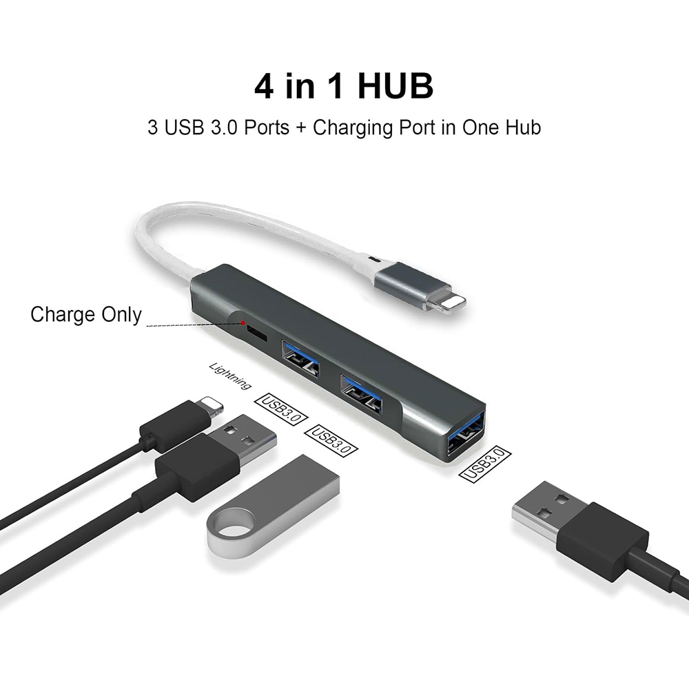 4 in 1 iPh Hub Adapter,with 1 USB 3.0,2 USB 2.0 and Fast Charging Port ...
