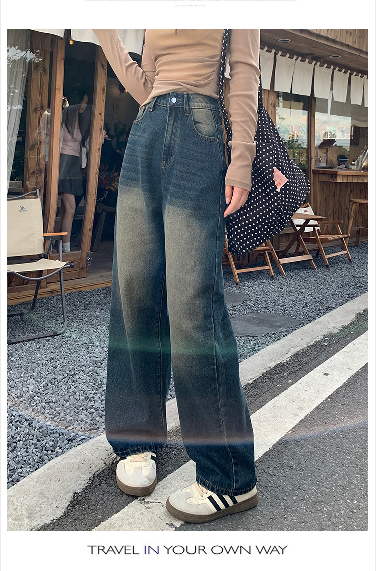 Retro Dark Blue Wide-Leg Jeans Women New Style Loose High Waist Slimmer ...