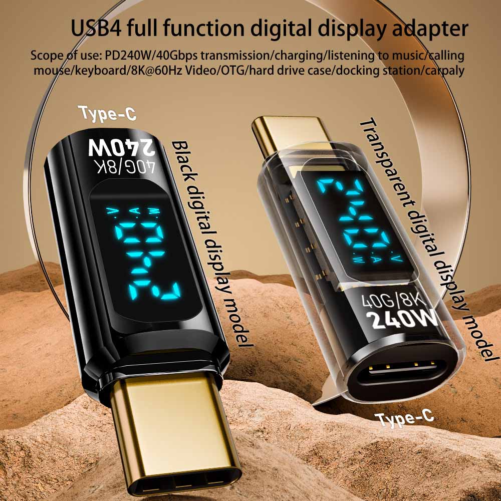 USB C Adapter LED Power Display Screen 240W 40Gbps PD3.1 Type-c Cable ...