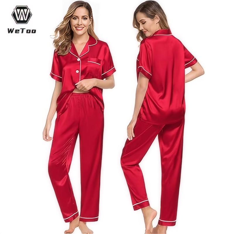 WeToo#Ice Silk Red Pajama Terno Plain Pajamas Homewear Lapel Suit ...