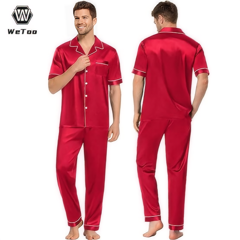WeToo#Ice Silk Red Pajama Terno Plain Pajamas Homewear Lapel Suit ...