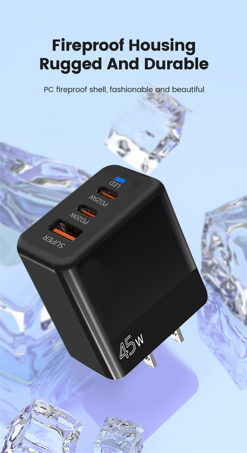 45W Fast Charging Adapter PD20W Type C Quick Charger Head Support PD3.0 ...