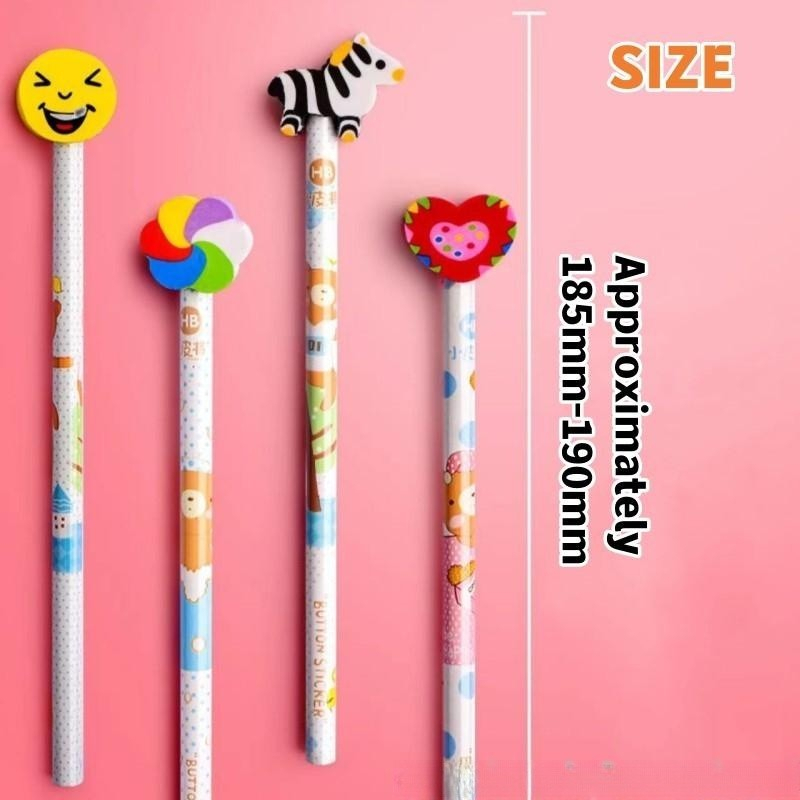 Cartoon Pencil Set with Adorable Erasers Colorful Rubber-Headed Pencils ...