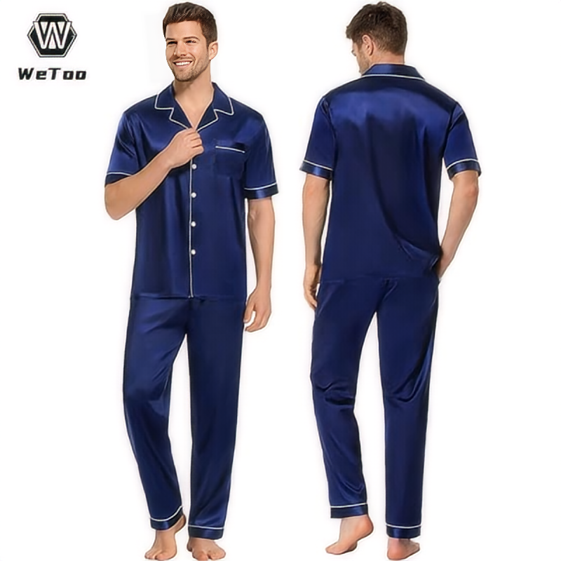 WeToo#Ice Silk Men's Pajamas with Long Pants Sleepwear Set Plain ...