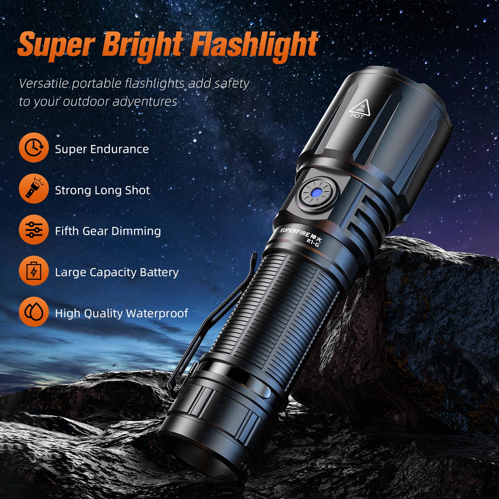 SUPERFIRE R1-G 36W High Power LED Flashlights Zoomable Type-c Rechargeable 26650 Portable Torch ...