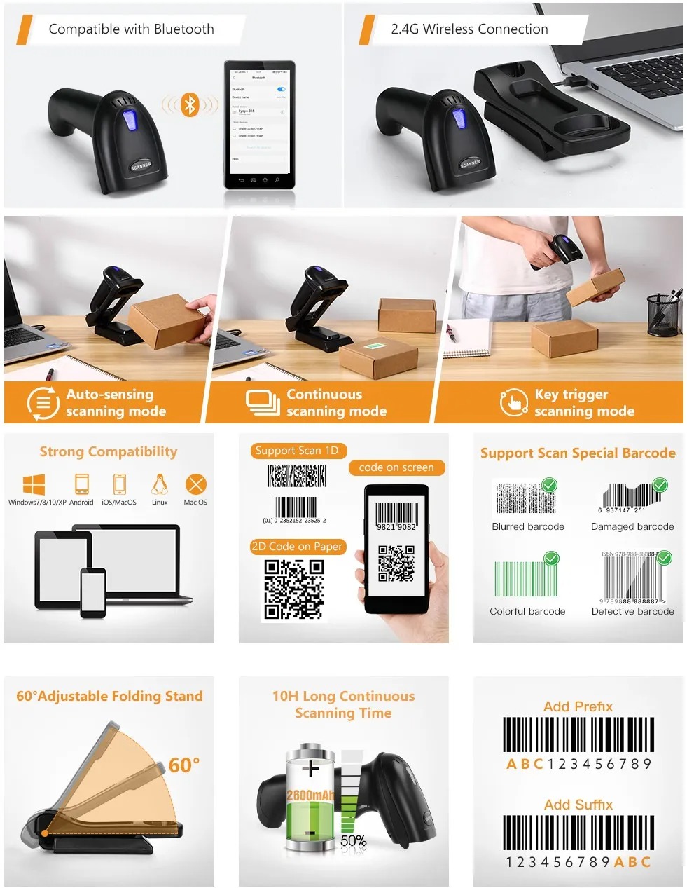 Eyoyo Evnvn Cradle Wall Mountable Wireless 1D 2D Barcode Scanner 3in1 ...