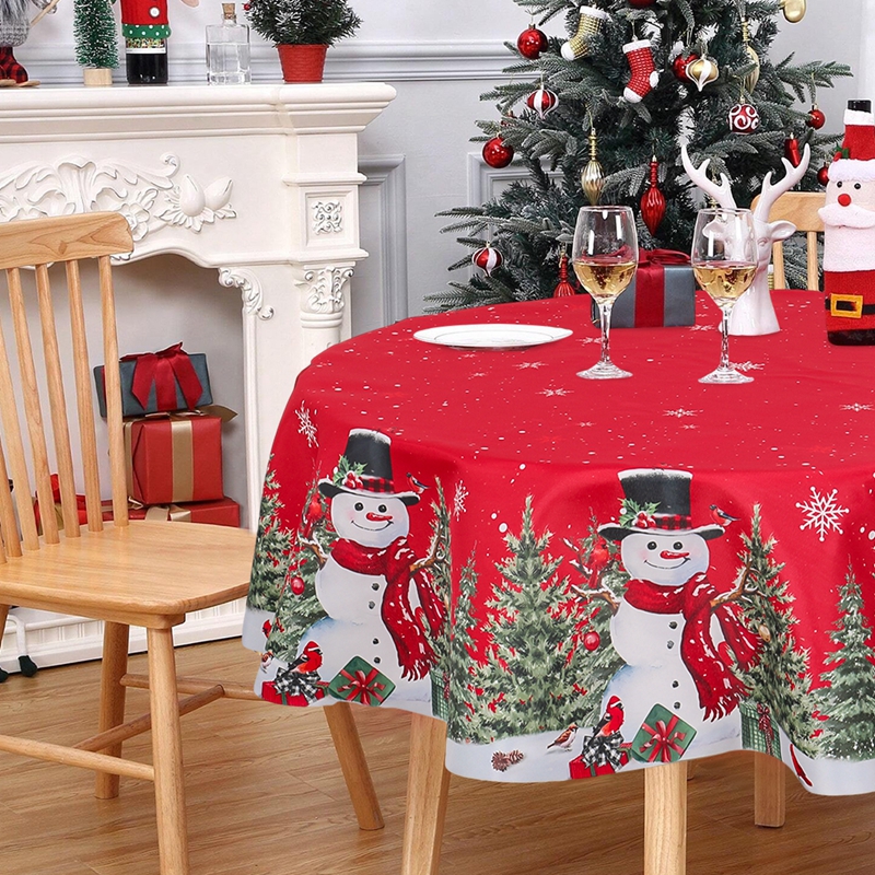 Round Christmas Table Cloth 6 Seater Santa Snowman Wreath Red Table ...