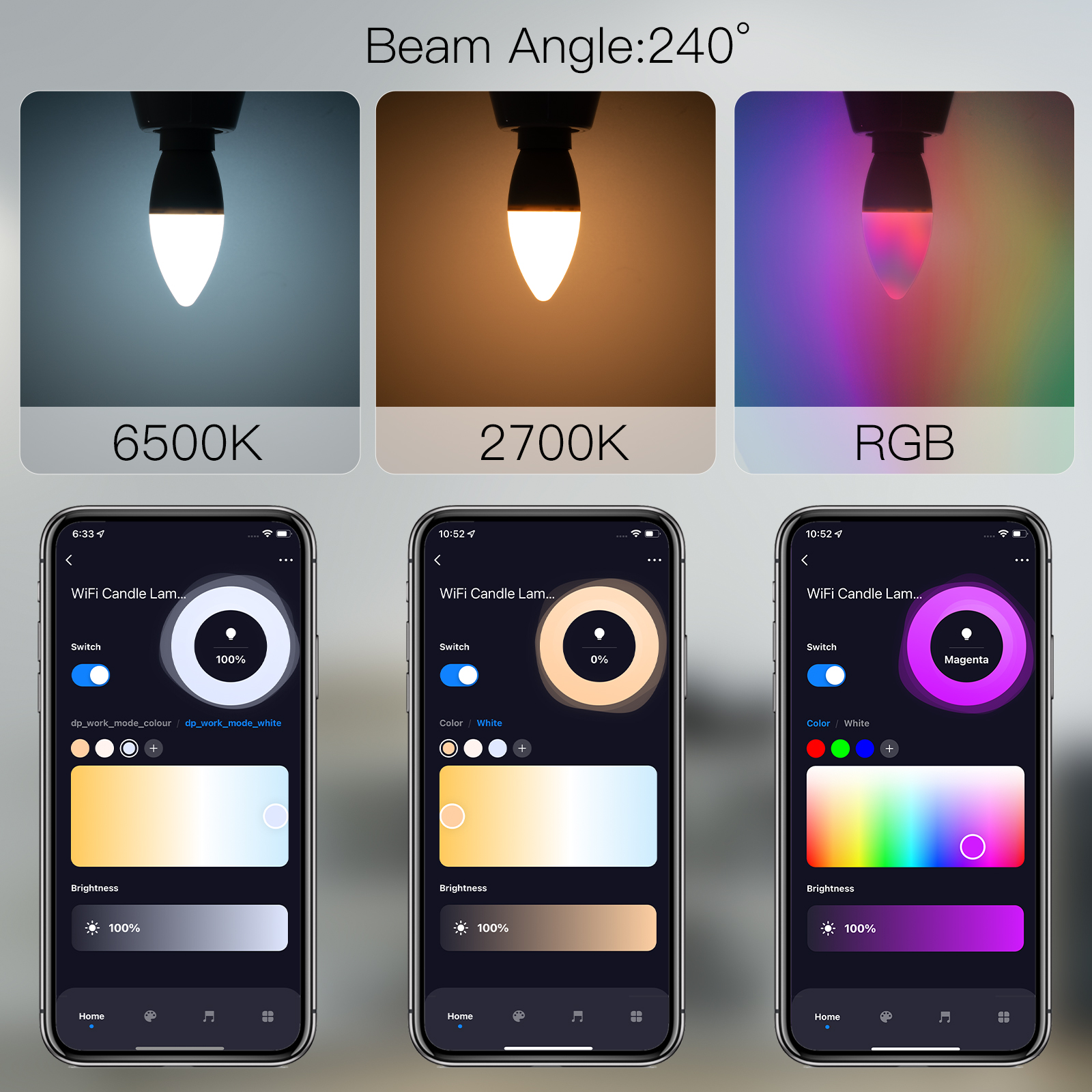 WiFi Smart LEDLight Bulb E14 Candle Lamp 16Million RGBCCT 2700-6500K ...