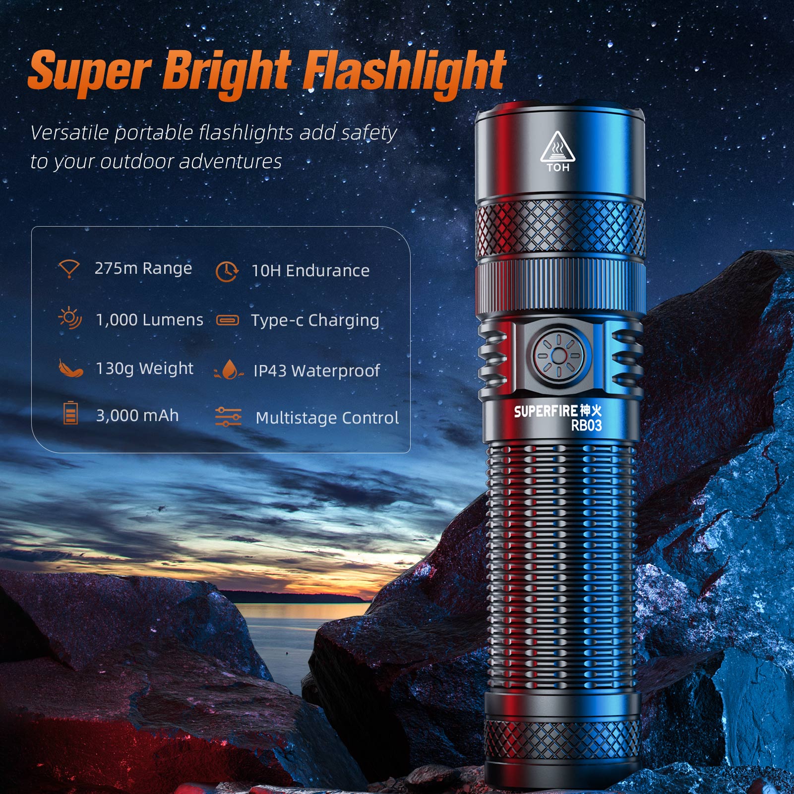 SUPERFIRE RB03 Tactic Flashlight 1000 Lumens Super Bright Type-C Rechargeable Portable ...