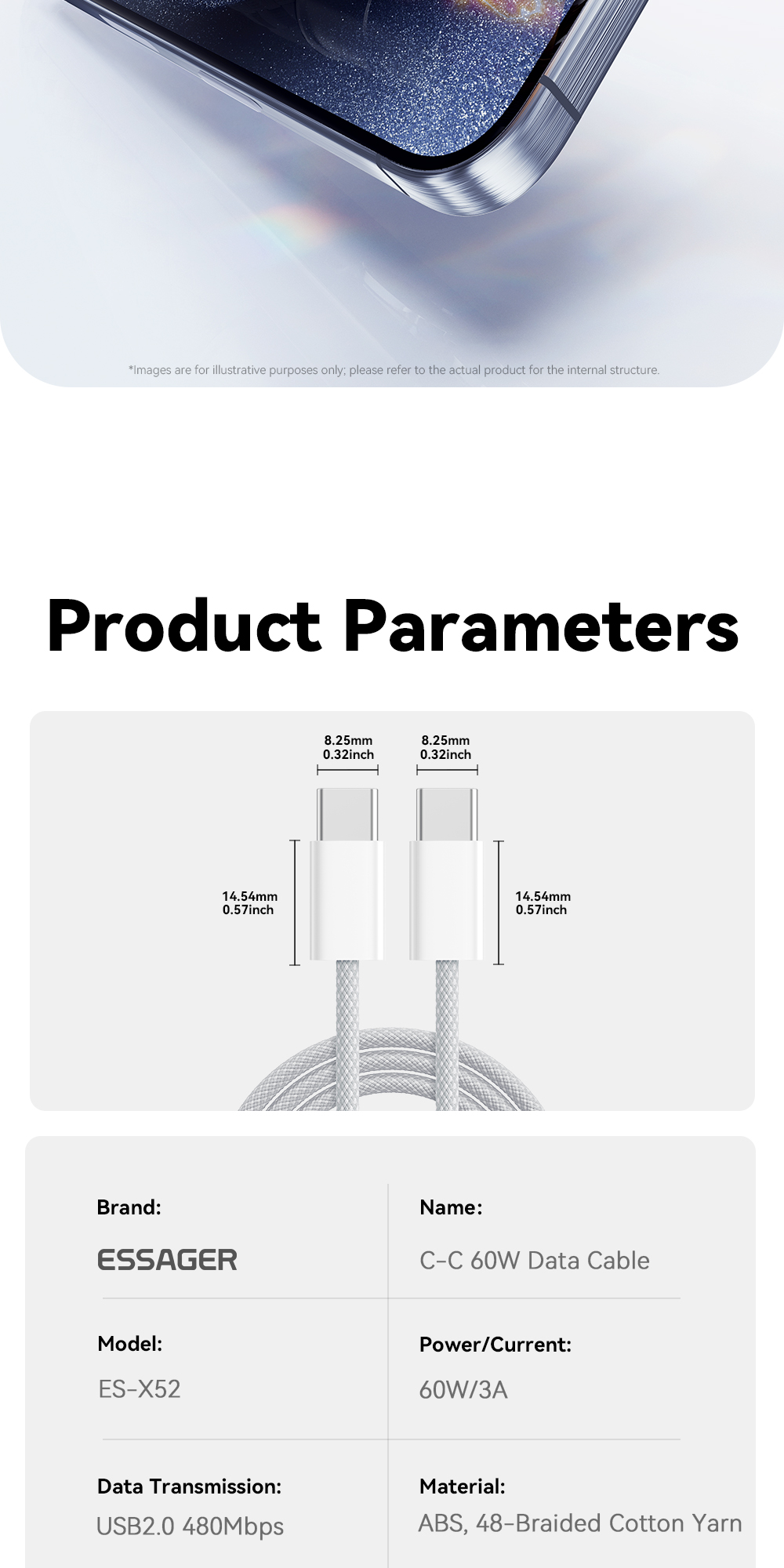 Essager Type C 60W Type-C Cable to Type C Fast Charge Data Cable For ...