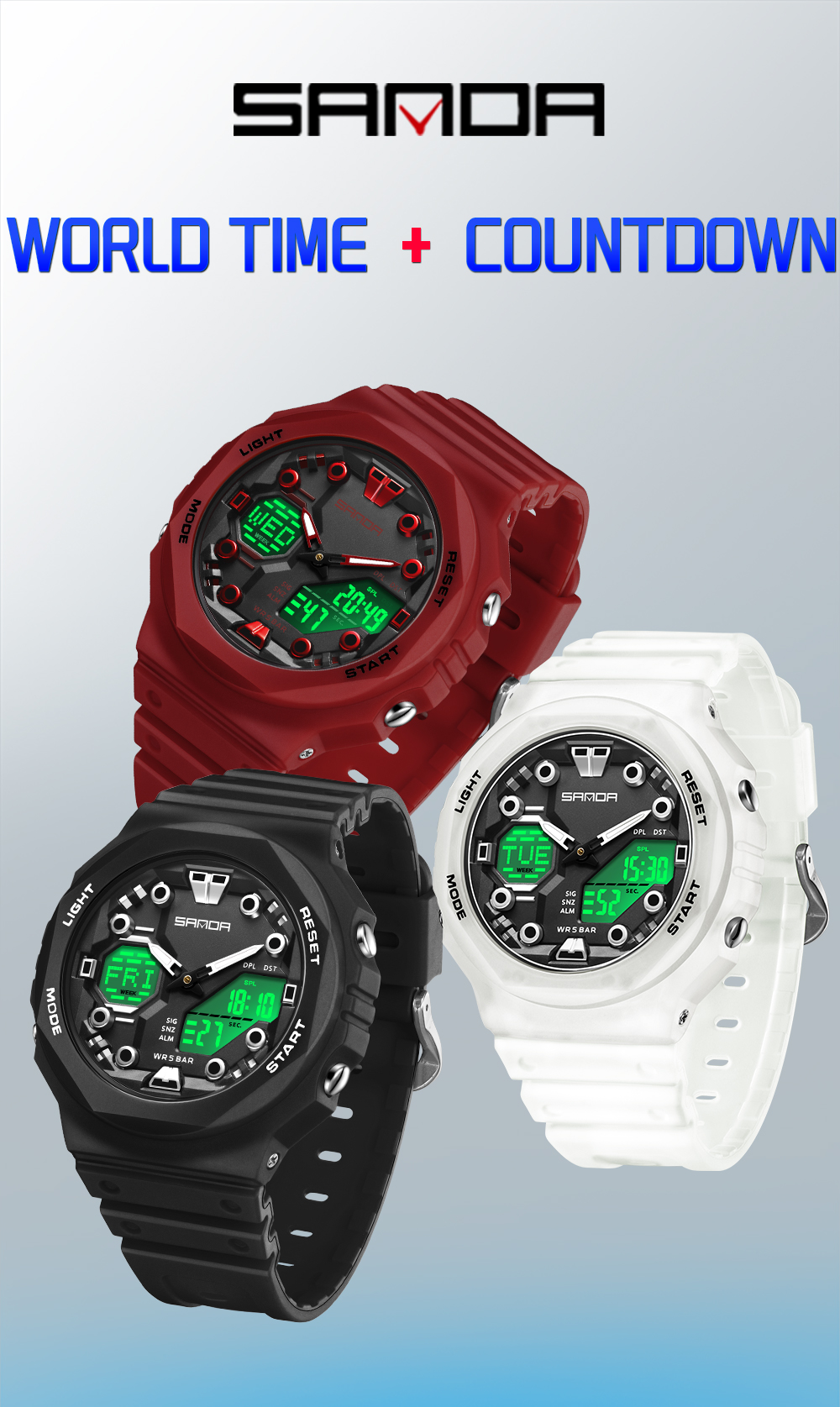 SANDA 6200 New Men's Electronic Watch Multi functional Alarm Clock ...