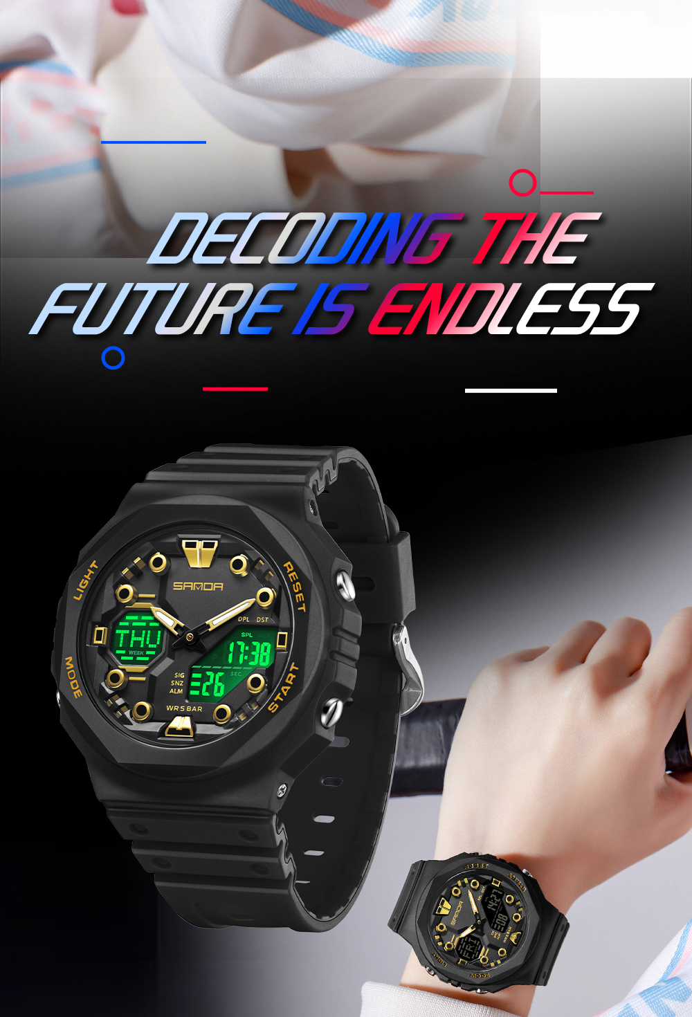 SANDA 6200 New Men's Electronic Watch Multi functional Alarm Clock ...