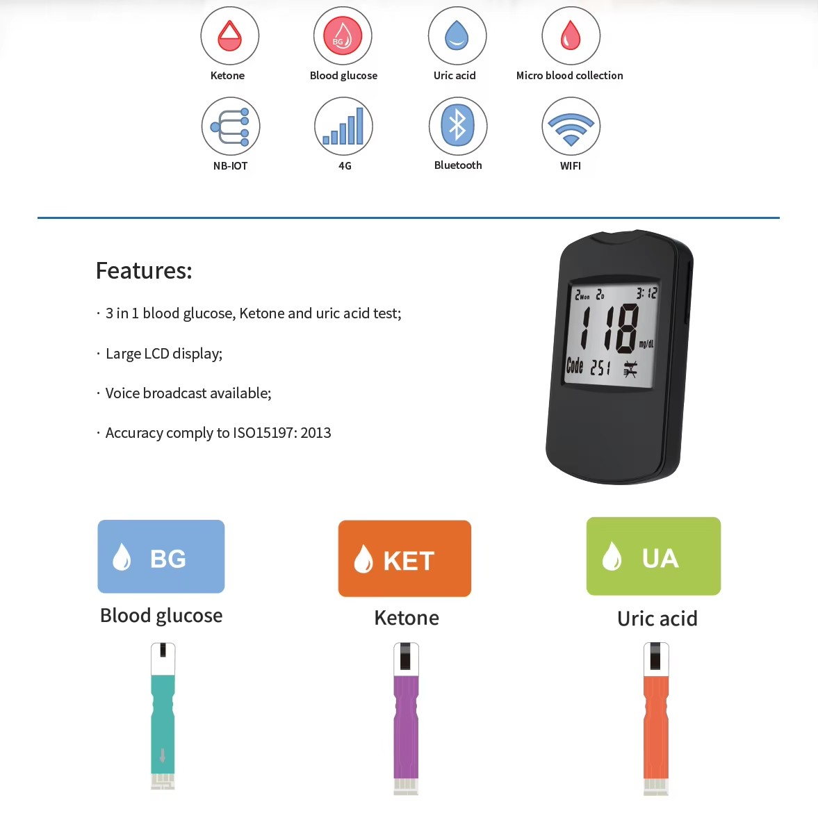 3 in1 Multifunction Blood glucose Ketone And Uric acid Test Large LCD ...