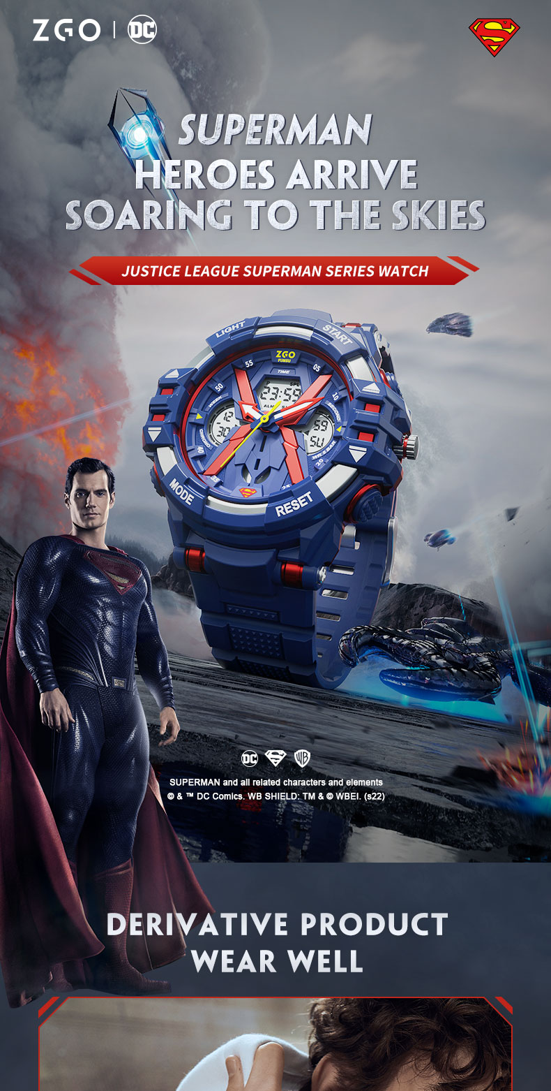 ZGO x DC Superman Men Watch Waterproof Luminous Dual Display Electronic ...