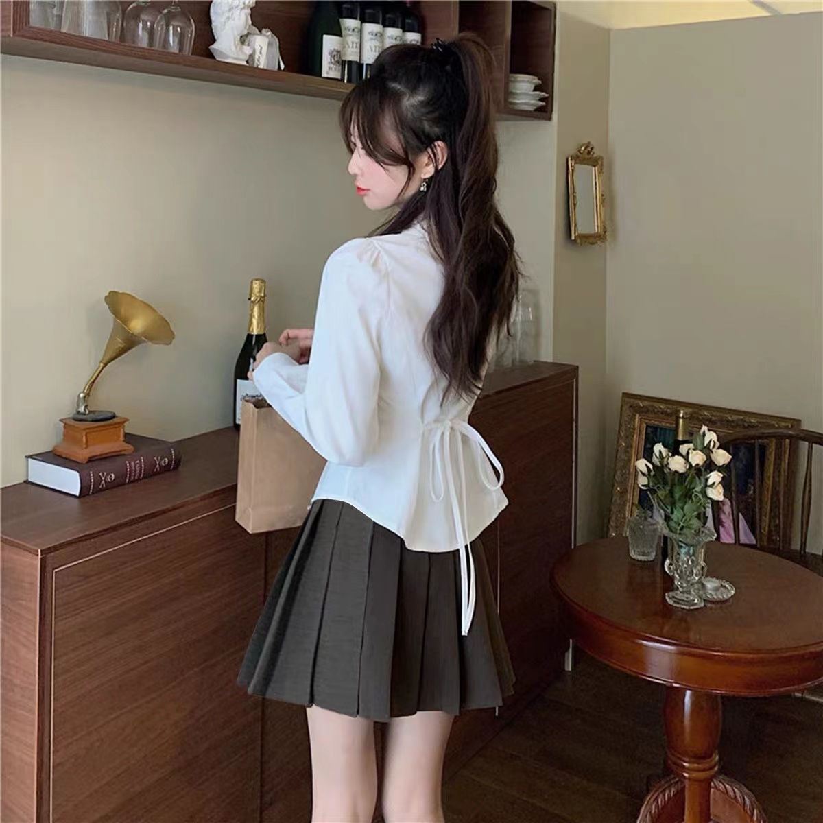 Women Polo Collar White Shirt Puff Sleeve Waisted Slim Blouse Top ...