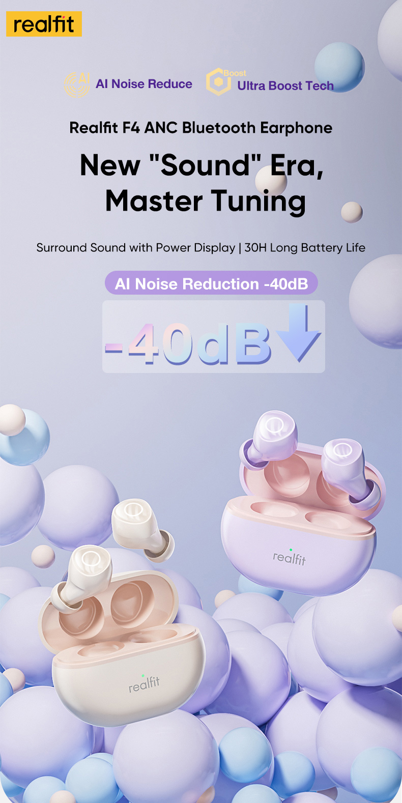 Realfit F4 AI Active Noise Cancelling Bluetooth Earphone Colorful Cute ...