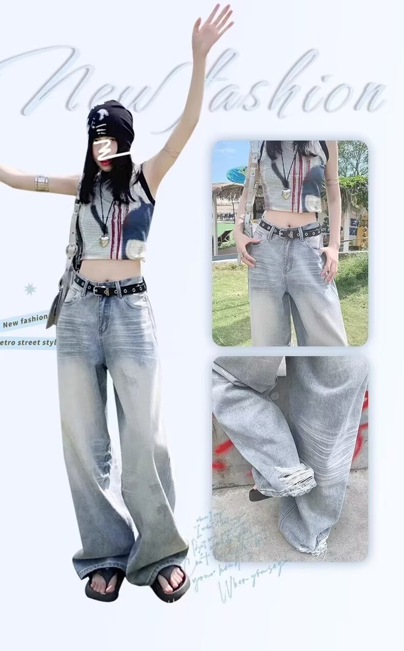 Fashion High Quality Blue Denim Pants American Retro Street Maong Pants ...