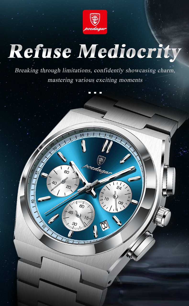 POEDAGAR Genuine Men's Watch Stainless Steel Strap Luminous Calendar ...