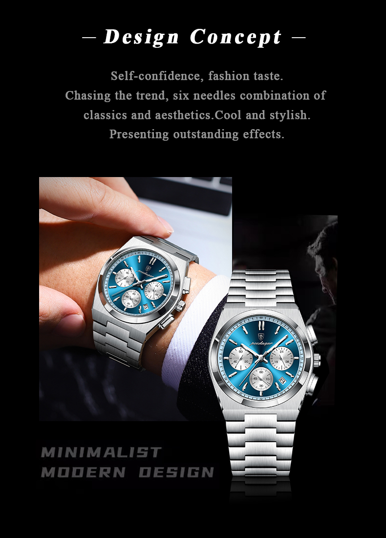 POEDAGAR Genuine Men's Watch Stainless Steel Strap Luminous Calendar ...