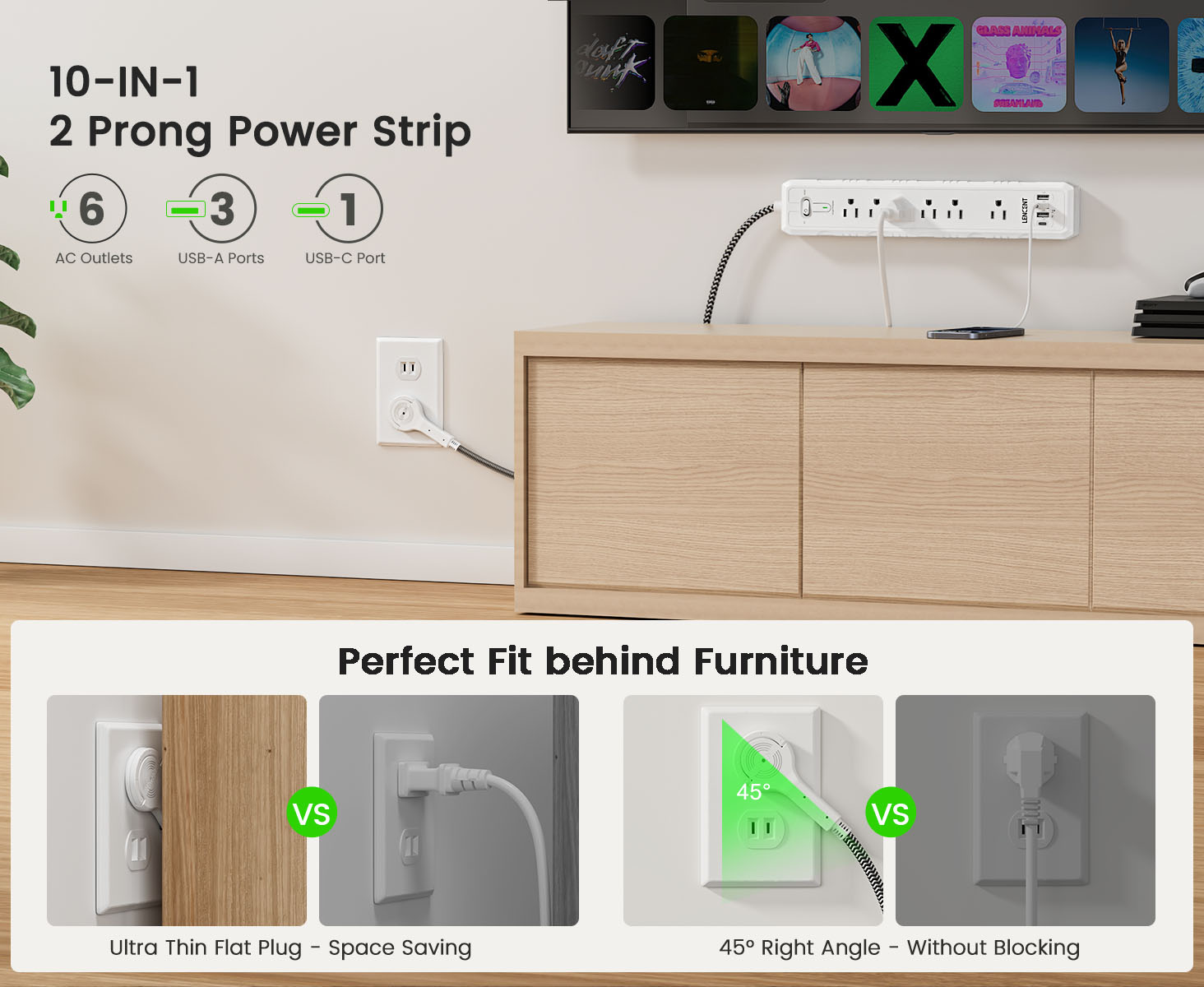 LENCENT 2 Prong Power Strip, 3 to 2 Prong Outlet Adapter, Two Prong ...