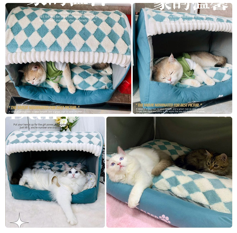 Pet Cat Dog Bed Warm Semi Enclosed Cat House Cotton Fluff Soft Sleeping ...