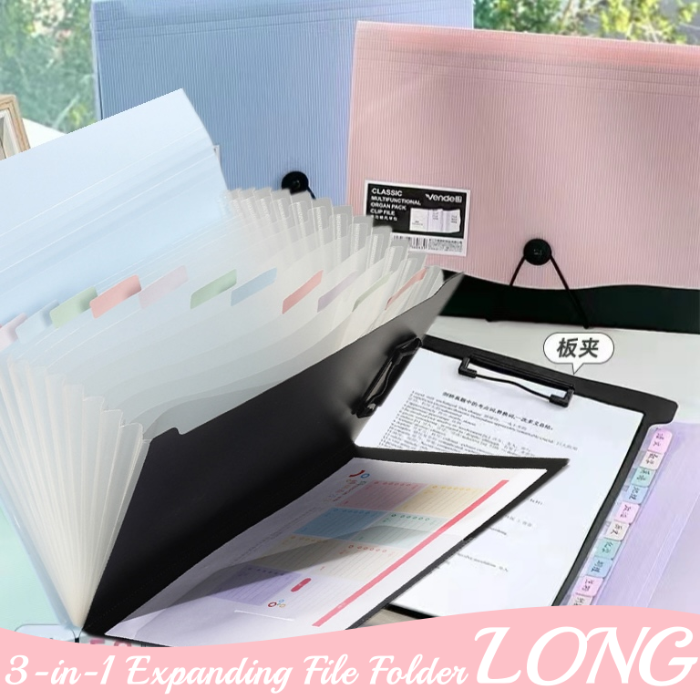 3 in 1 Long Expanding File Folder Organizer with Clip Board+Side Pocket ...