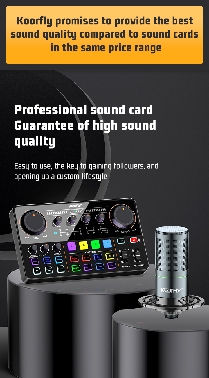 KoorFly KF04 Sound Card Mixer Condenser Mic Kit 48V Audio Interface One Touch Noise Cancellation ...