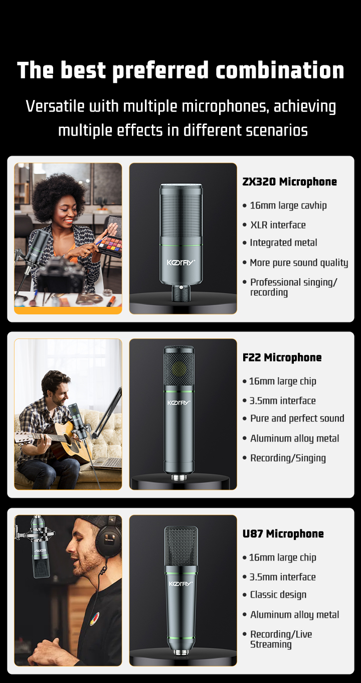 KoorFly KF04 Sound Card Mixer Condenser Mic Kit 48V Audio Interface One Touch Noise Cancellation ...