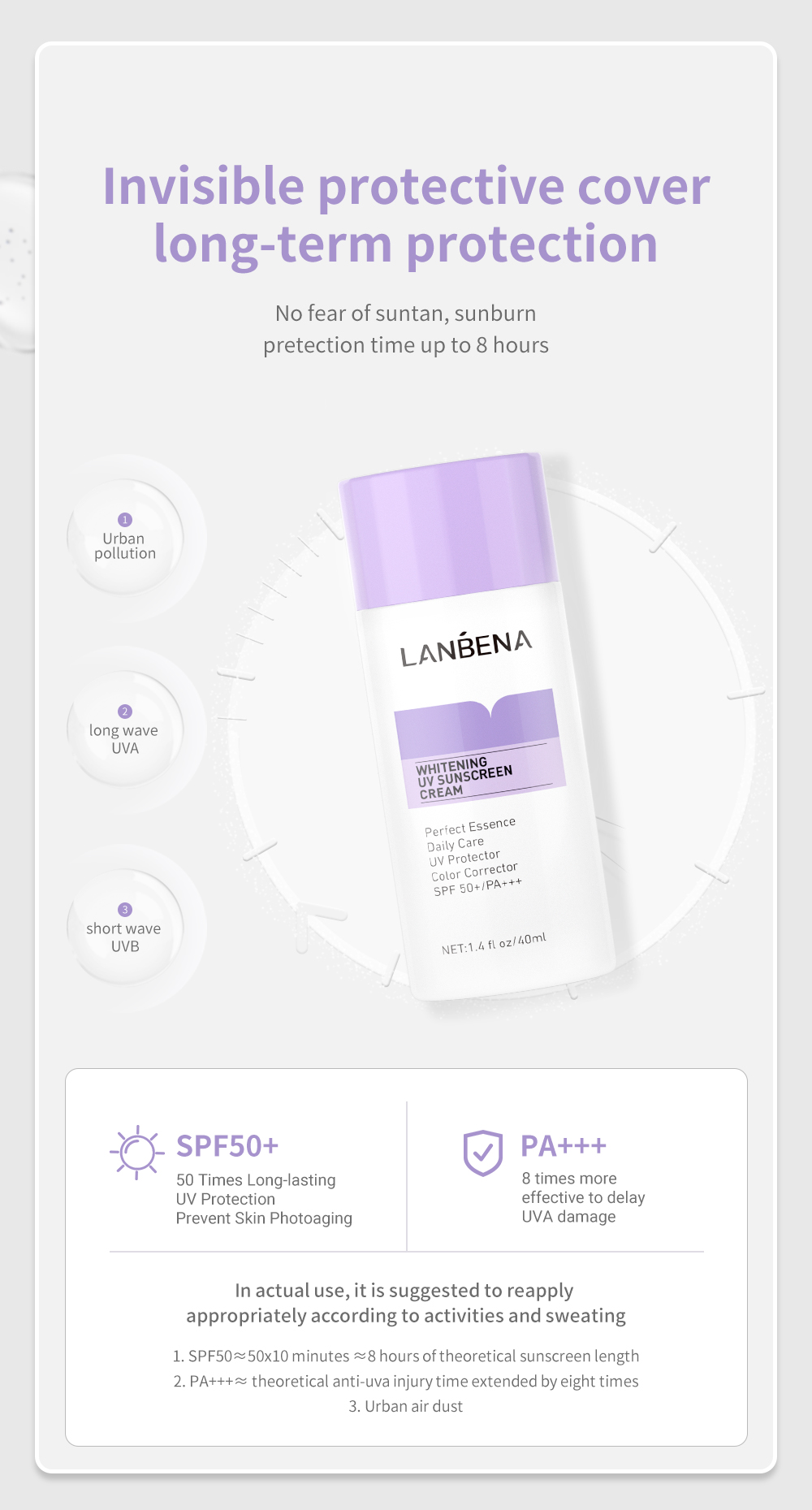 LANBENA Sunscreen Cream Spf50+ /PA+++ Purple Whitening Uv Whitening ...