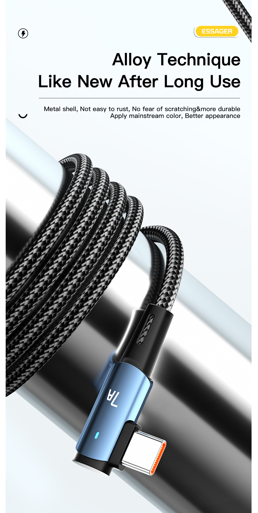 Essager 7A USB Type C Cable 90 Degree For OPPO 100W Fast Charing Cord ...