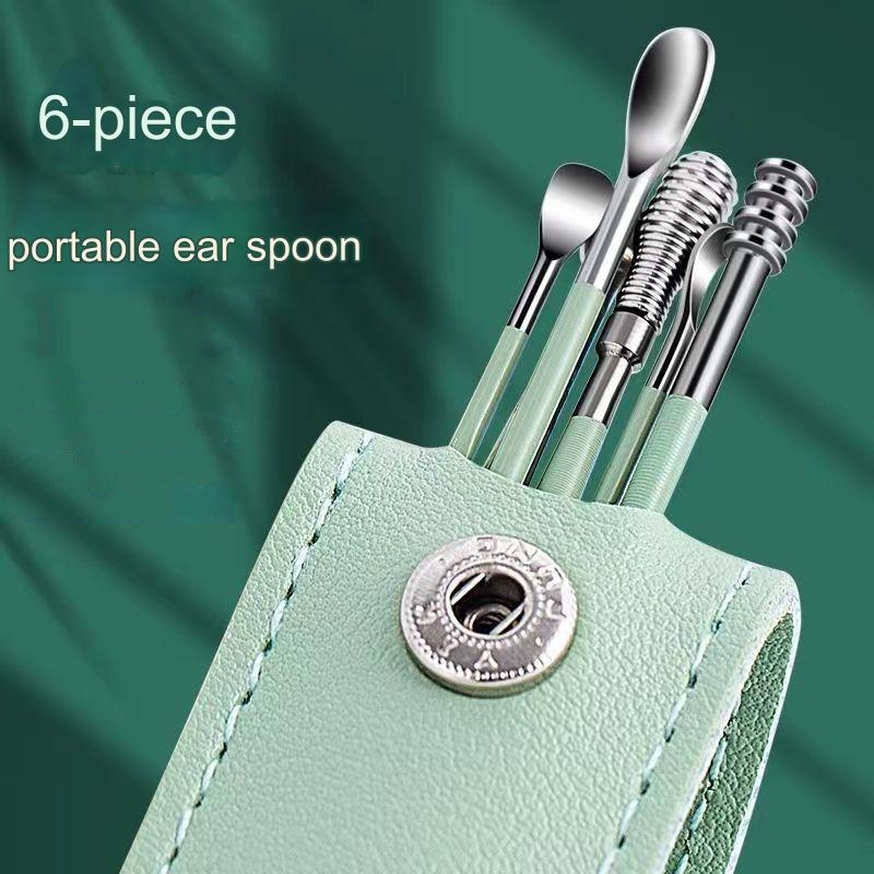 6PCs/Set Earpick Earwax Remover Cleaner Portable Ear Picking Spoon Kit with Storage PU Bag Ear ...