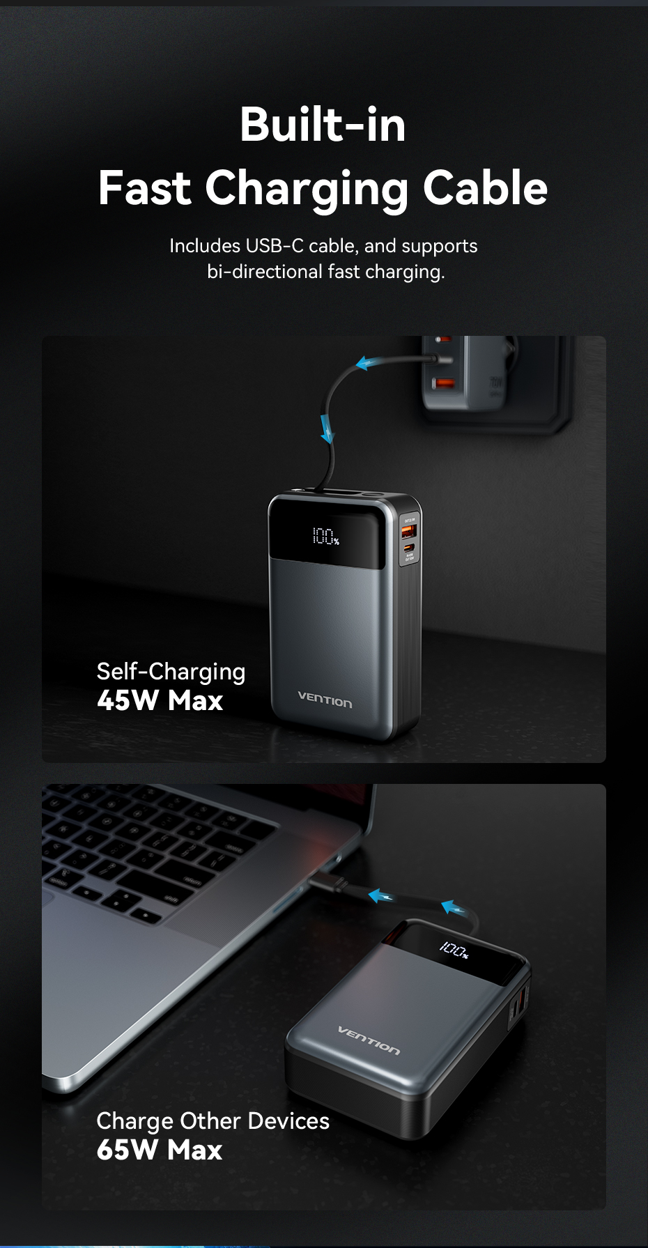 Vention 65W PowerBank with Cable 20000mAh Three-Way PD Fast Charging ...